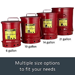 Justrite 6 Gallon Galvanized Steel Oily Waste Can, 16" x 12" Metal Oil Rag Safety Can with Quiet Foot-Operated Self-Closing Lid for Oil Rag Disposal, Made in The USA, Red, 09108