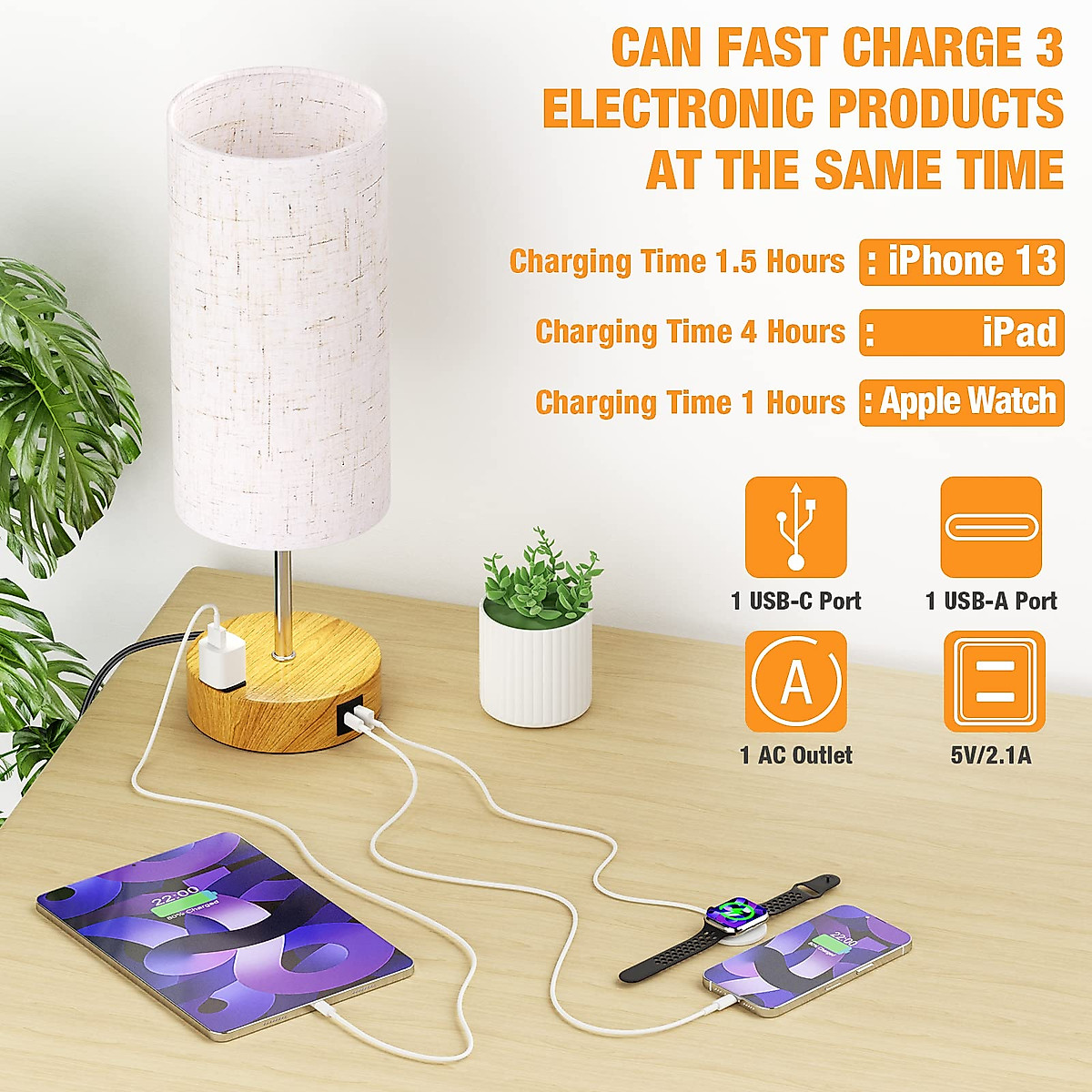 ZEXDOK Table Lamps Set of 2 with USB Ports and Outlets, Touch Control Lamps for Bedroom 3-Way Dimmable Nightstand Lamps with USB A+C Charging Ports & Ac Outlet for Living Room, Dorm, Home Office