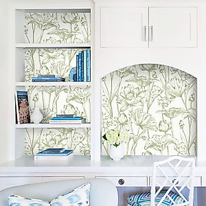 Vinjiasin Peel and Stick Wallpaper Green Floral Wallpaper Removable Wallpaper Self Adhesive Flower Leaf Contact Paper Lotus Wall Paper for Bedroom Bathroom Wallpaper Wall Covering 17.32"x 78.7"