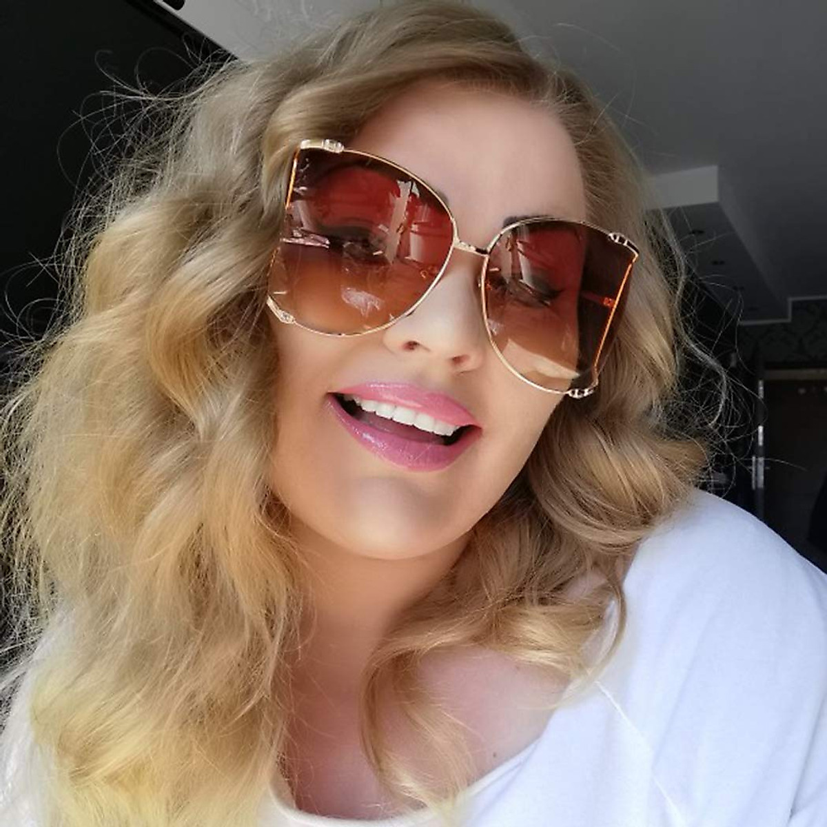 Armear Women Oversized Semi Rimless Sunglasses Retro Gold Metal Frame Brown Lens Fashion Pearl Design 64mm