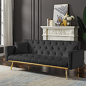 Modern Velvet Convertible Sleeper Sofa Bed with 2 Pillows, Futon Sofa Couch Loveseat with Multiple Adjustable Positions and Gold Metal Legs for Living Room Bedroom Office Apartment (Black)