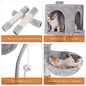 Heybly Cat Tree with Toy, Cat Tower condo for Indoor Cats, Cat House with Padded Plush Perch, Cozy Hammock and Sisal Scratching Posts, Light Gray HCT004SW