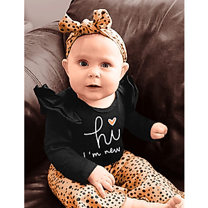 ADIFUN Newborn Girl Clothes Hi I'M New Here Black Ruffle Long Sleeve Tops Tights Leopard Baby Bell Bottoms Headband Hood 4pcs Set Newborn Baby Girl Outfits
