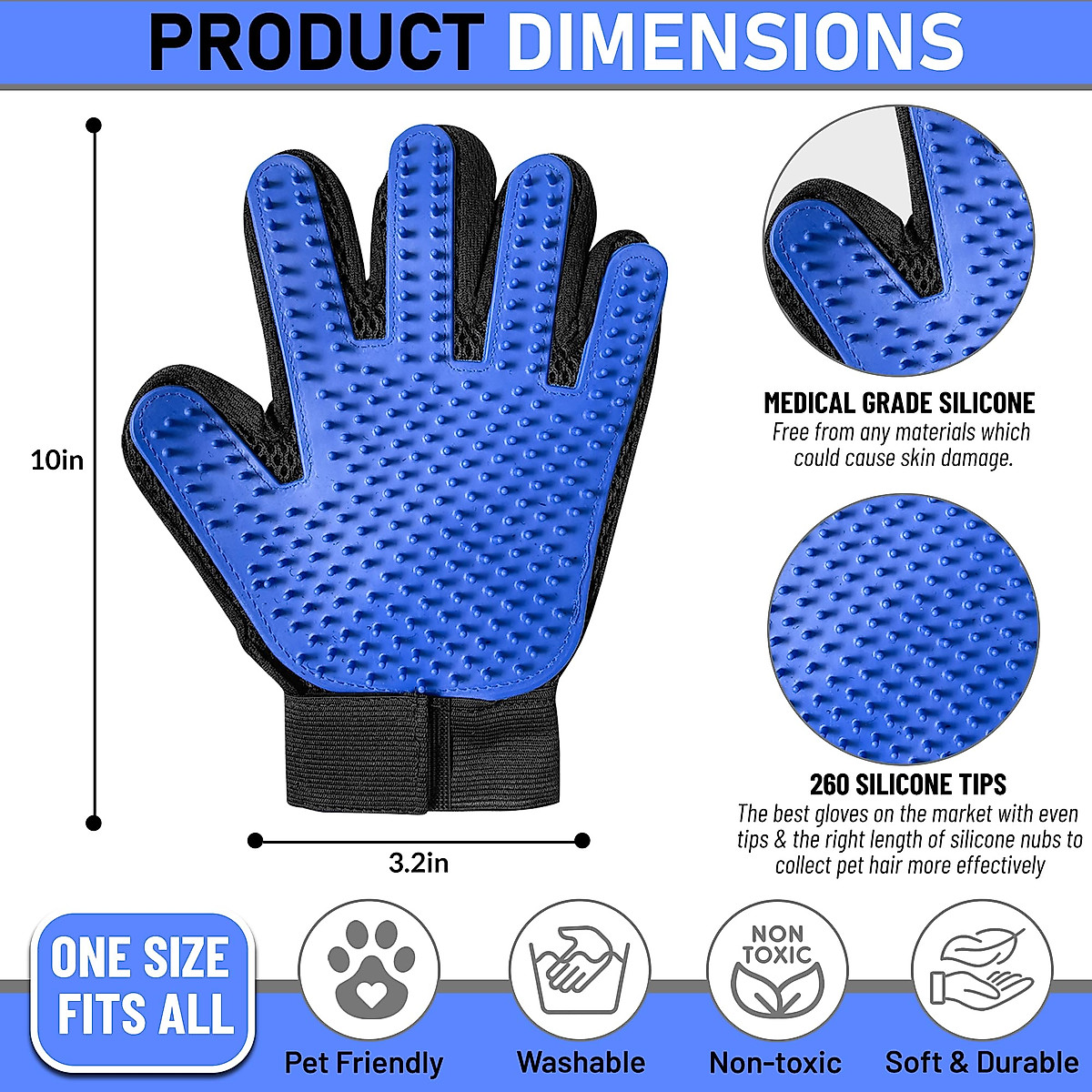 ZENELANEP Upgrade Pet Grooming Gloves, Grooming Gloves for Dogs, Cats, Rabbits & Horses with Long and Short Hair, Efficient Pets Hair Remover Mittens - 1 Pair (Blue)