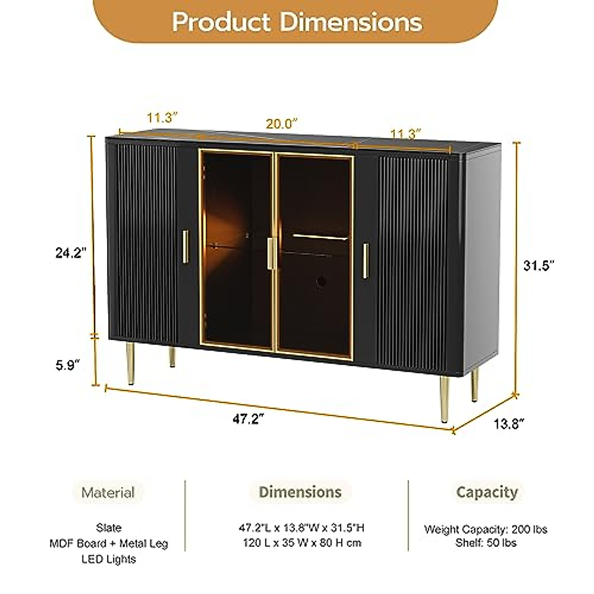 IKIFLY Modern Sideboard Buffet Cabinet with Storage, 47" Kitchen Storage Cabinets with Glass Doors and Shelves, LED Lights, Coffee Bar Cabinet for Dining Room, Kitchen, Hallway, Living Room, HU9156