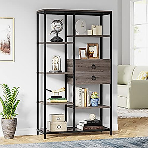 LITTLE TREE Reversible Bookshelf with 2 Drawers, 5 Tier Tall Bookcases Wood Open Bookshelves Display Book Shelf Decorative Storage Shelves for Living Room Bedroom, Black Rustic Gray
