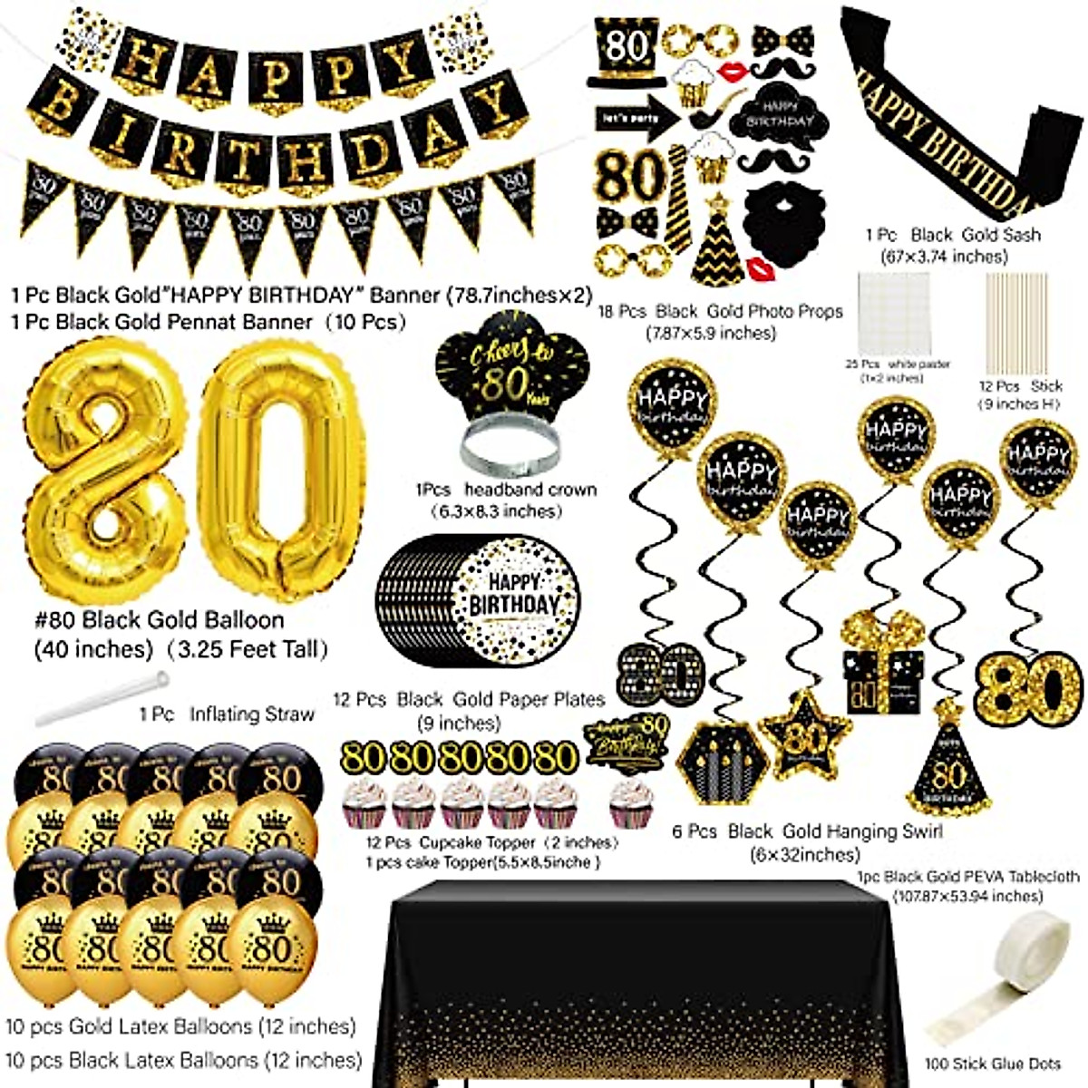 80th birthday decorations for men women - (76pack) black gold party Banner, Pennant, Hanging Swirl, birthday balloons, Tablecloths, cupcake Topper, Crown, plates, Photo Props, Sash for gifts