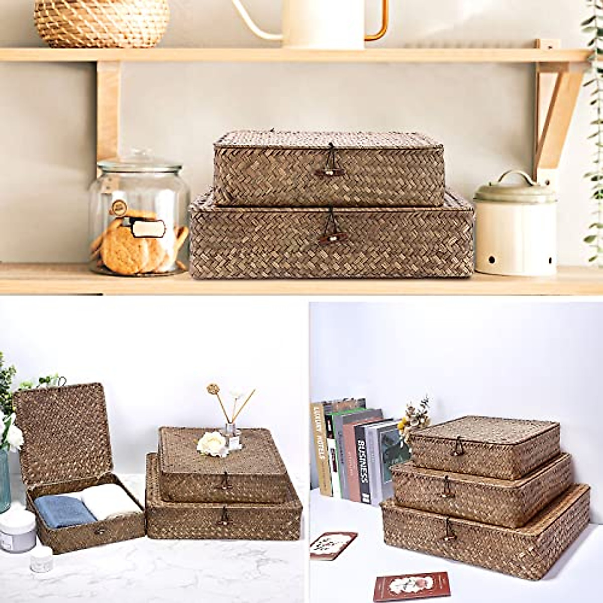 Hipiwe Flat Wicker Basket Bins with Lid - Set of 3 Handwoven Seagrass Storage Basket Shelf Baskets Boxes Multipurpose Home Organizer Bins Boxes for Shelf Pantry Closet,Large Size 14.8"x13"