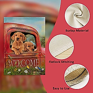 Covido Home Decorative Welcome Spring Dog Golden Retriever Garden Flag, Summer Red Truck Yard Puppy Outside Decoration, Outdoor Small Burlap Decor Double Sided 12x18