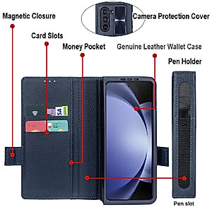 Woluki for Samsung Galaxy Z Fold 5 Case with S Pen Holder, Genuine Leather Wallet Case Built-in Slide Camera Cover, Hinge Protection, Kickstand, Stylus Slot Phone Case for Galaxy Z Fold5 5g (Blue)