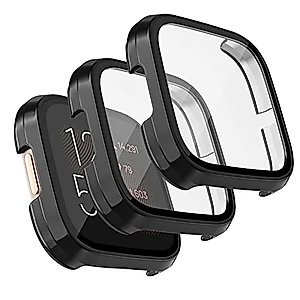[3 Pack] Tobfit for Fitbit Versa 2 Screen Protector with HD Tempered Glass Protective Case, Hard PC Case Bumper Cover Full Coverage for Fitbit Versa 2 Smartwatch, Black/Black/Black