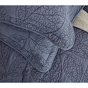CHIXIN Botanical Cotton Quilt Queen Size - Real Stitching Leaf Pattern - Quilted Bedspread Coverlet Set, Ultra Soft, Lightweight, Reversible, 3 Piece, Dark Grey