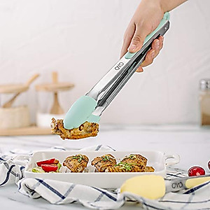 COOK WITH COLOR Food Tongs, Set of Two Cooking Tongs, 9” and 12” Stainless Steel Barbeque Tongs with Silicone Tips for Non Stick Cookware, Locking Grill Tongs (Lemon Collection)