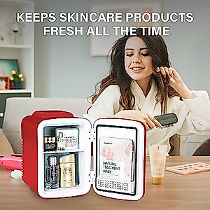 Simple Deluxe Mini Fridge, 4L/6 Can Portable Cooler & Warmer Freon-Free Small Refrigerator Provide Compact Storage for Skincare, Beverage, Food, Cosmetics, Red