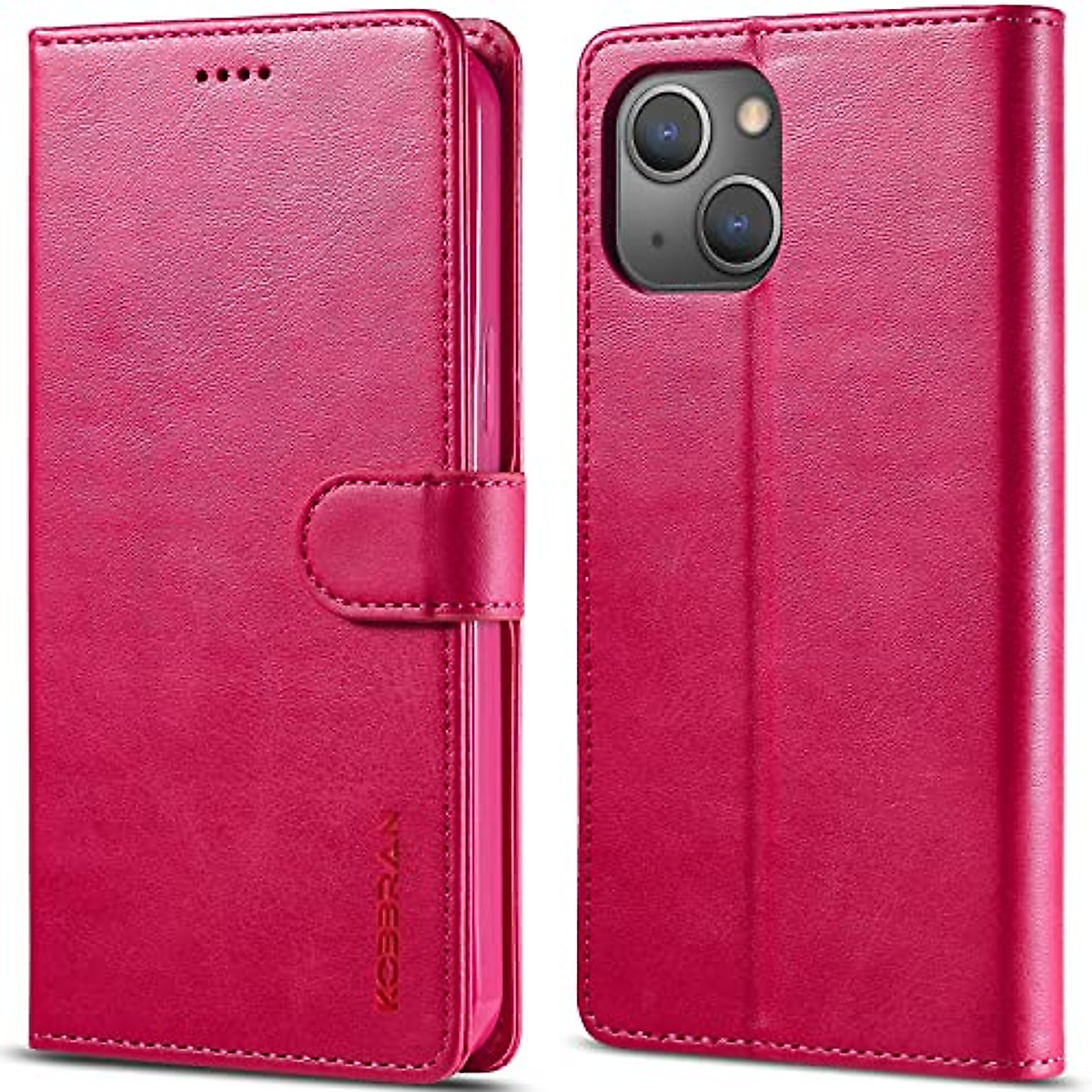 KOBBRAN for iPhone 14 Wallet Case iPhone 13 Case Leather with Credit Card Slots Holder Flip Folio Cover Shockproof Wallet Case for iPhone 14/iPhone 13 Phone Case for Women Men (Rose Red)