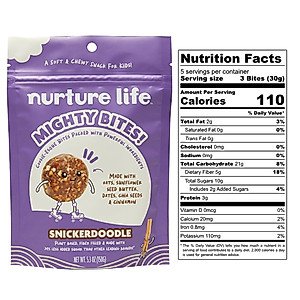 Nurture Life Mighty Bites - Snickerdoodle - Healthy Snacks for Kids & Toddlers Made with Oats Sunflower Seed Butter, Dates, Chia Seeds and Cinnamon - Plant-Based, Low-Sugar, High Fiber - 15 Pieces (Pack of 1)