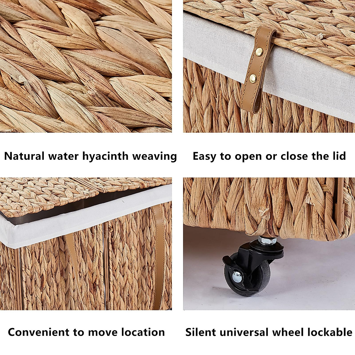 Wimarsbon Storage Basket, Foldable Rolling Hamper With Brakable Wheels and Lid, Handwave Braid Laundry Bin, Clothes Toy Organizer for Living Room (Water Hyacinth)