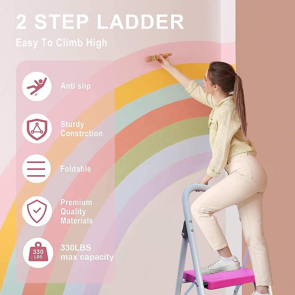 Step Ladder Folding 2 Step Stool Adult with Wide & Anti-Slip Pedals Ergonomic Portable Steel Ladder for Household, Kitchen, Office 330LBS (Pink, 2 Step)