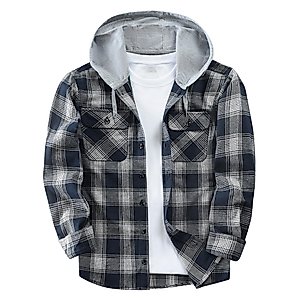 Puwasa Flannel Hoodies for Men,Men's Plaid Shirts Casual Long Sleeve Lightweight Flannel Shirt Jacket for Men Blue Large