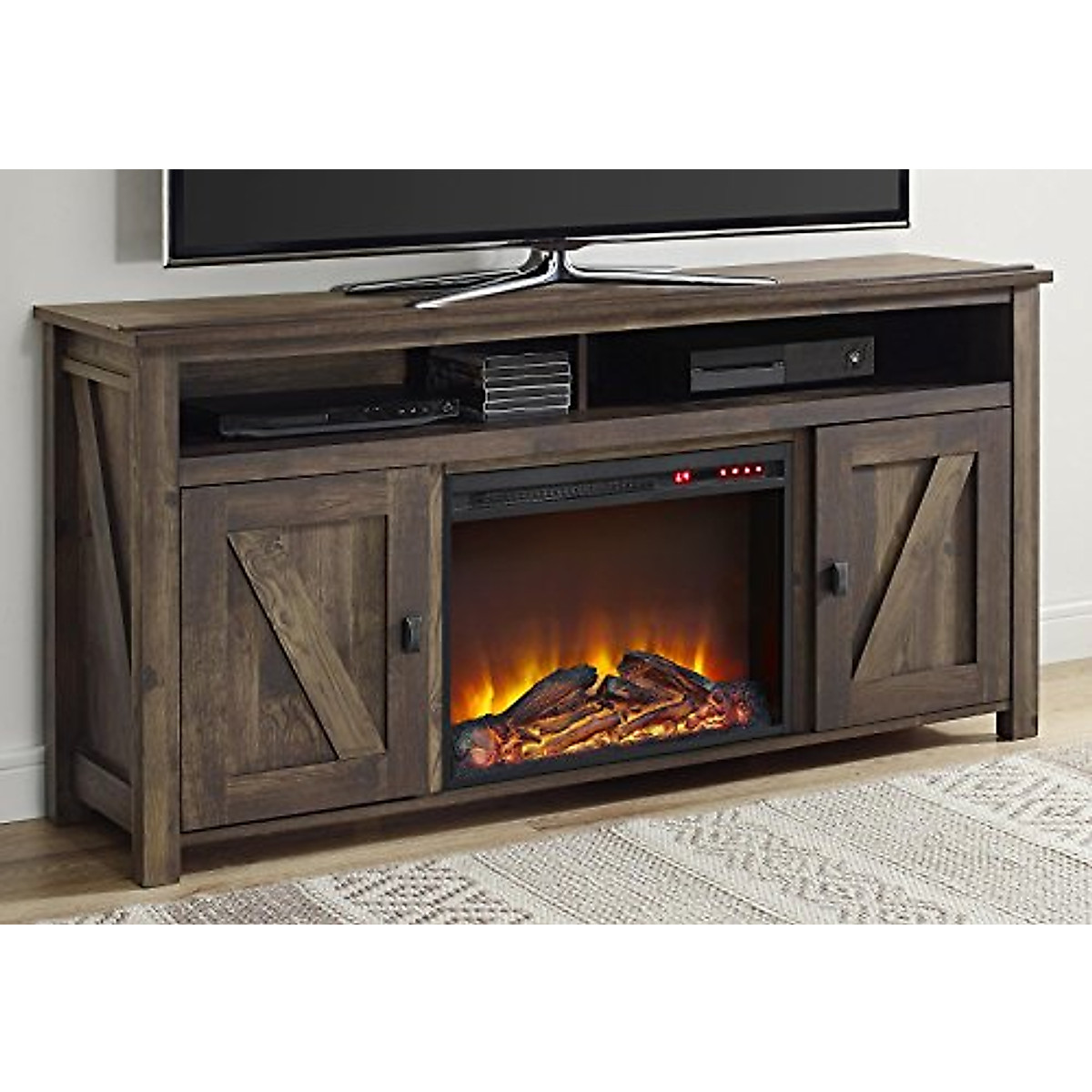 Ameriwood Home Farmington Electric Fireplace TV Console for TVs up to 60", Rustic & Farmington Night Stand, Rustic,Small, Century Barn Pine -