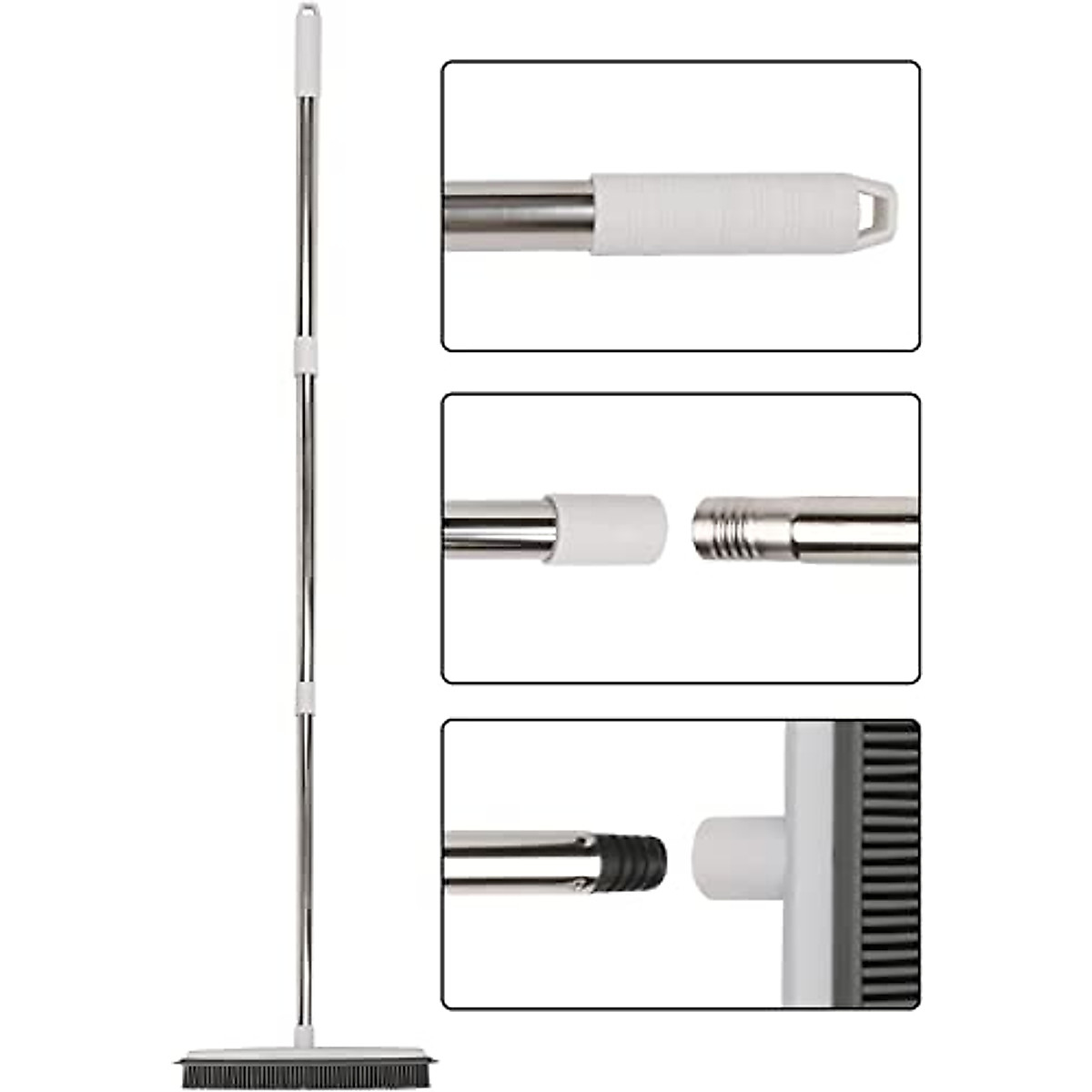 Rubber Broom with Handle, Broom Rubber Bristles Removing Animals Cats Dogs Hair for Floors for Carpets Tiles Windows and Gardens White