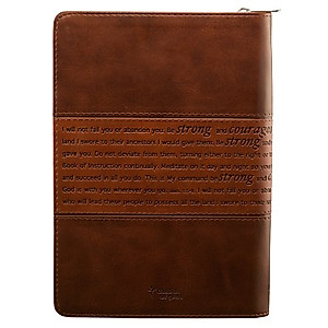 Classic Faux Leather Journal Strong and Courageous Joshua 1:57 Bible Verse, Brown Inspirational Notebook, Lined Pages w/Scripture, Ribbon Marker, Zipper Closure