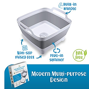 Home Spirit Collapsible Sink, Portable Dish Pan, Wash Basin Tub for Dish, Fruits, Vegetables, Textiles, Cloths, Beverages, Integrated Handle, Plug and Strainer, 9L Capacity