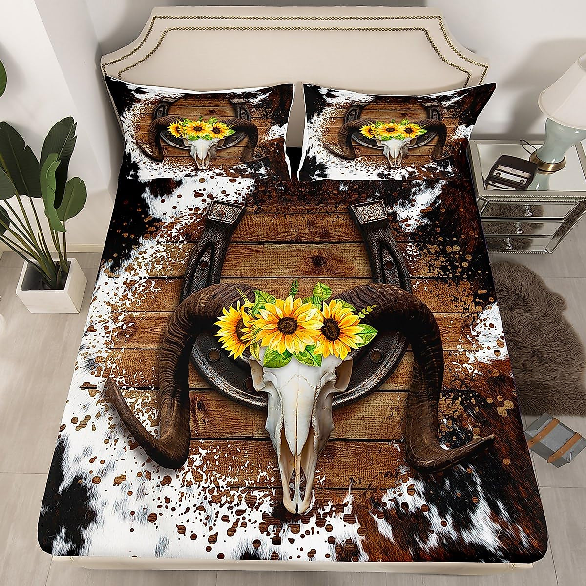 Castle Fairy Bull Head Cowhide Bed Sheet Set for Kids Boys Adults,Rustic Horseshoe Western Tropical Sunflowers Cow Print Fitted Sheet Set Queen 3 Pcs,Western Farmhouse Style Soft Microfiber Sheet Set