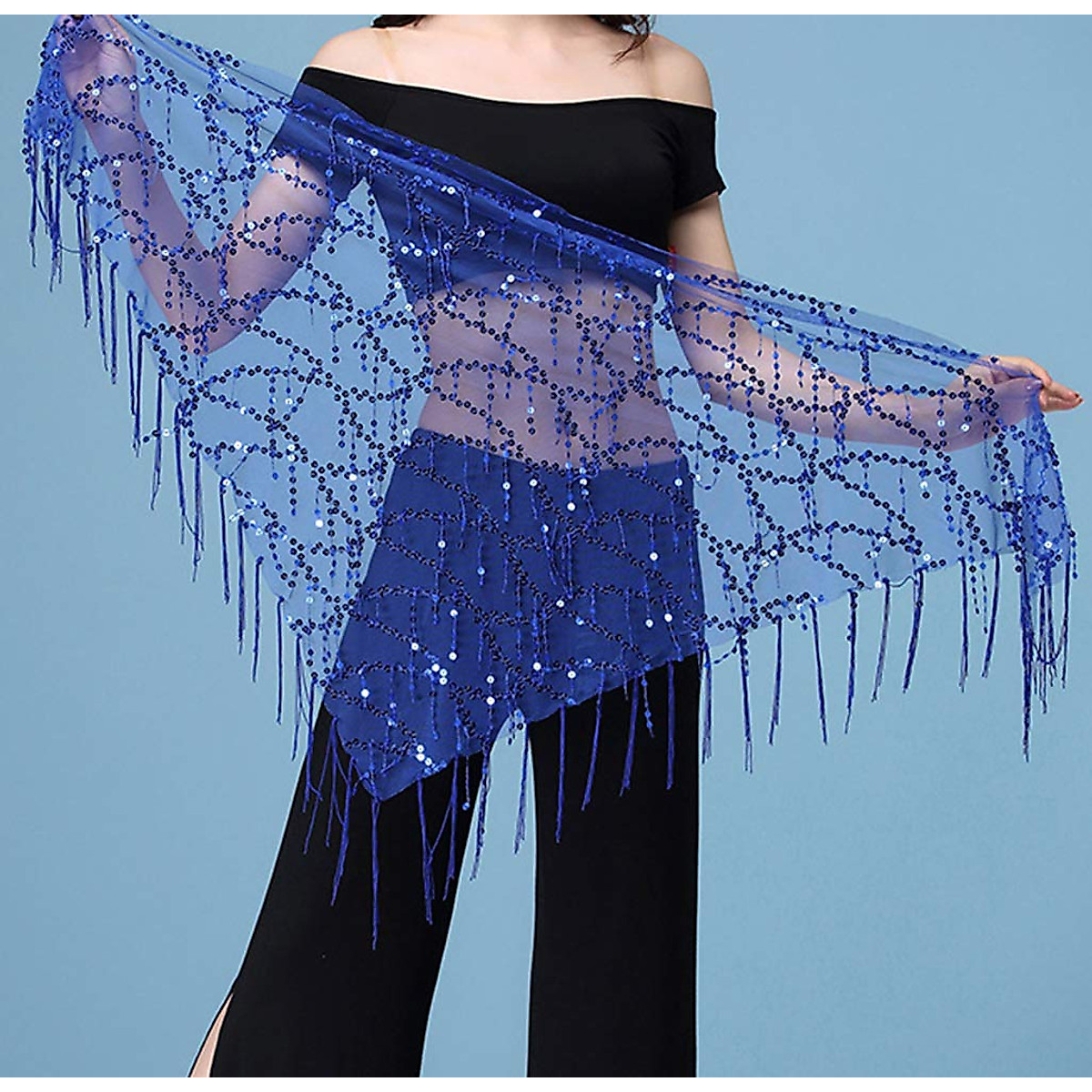 Lauthen.S Women Belly Dance Hip Scarf, Sequin Tassels Triangle Tribal Wrap Skirt Waist Chain Royal Blue
