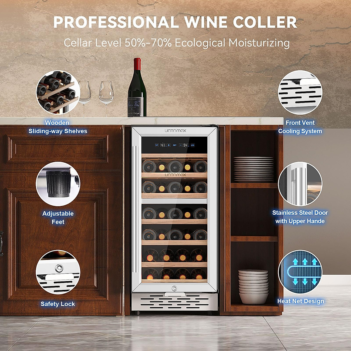 UNTOMAX 33 Bottles Wine Fridge Dual Zone Wine Cooler Refrigerator, 41-68℉ Freestanding Wine Cellar Built In for Red/White/Champagne, Temperature Memory Quiet Compressor Kitchen/Office, Stainless Steel