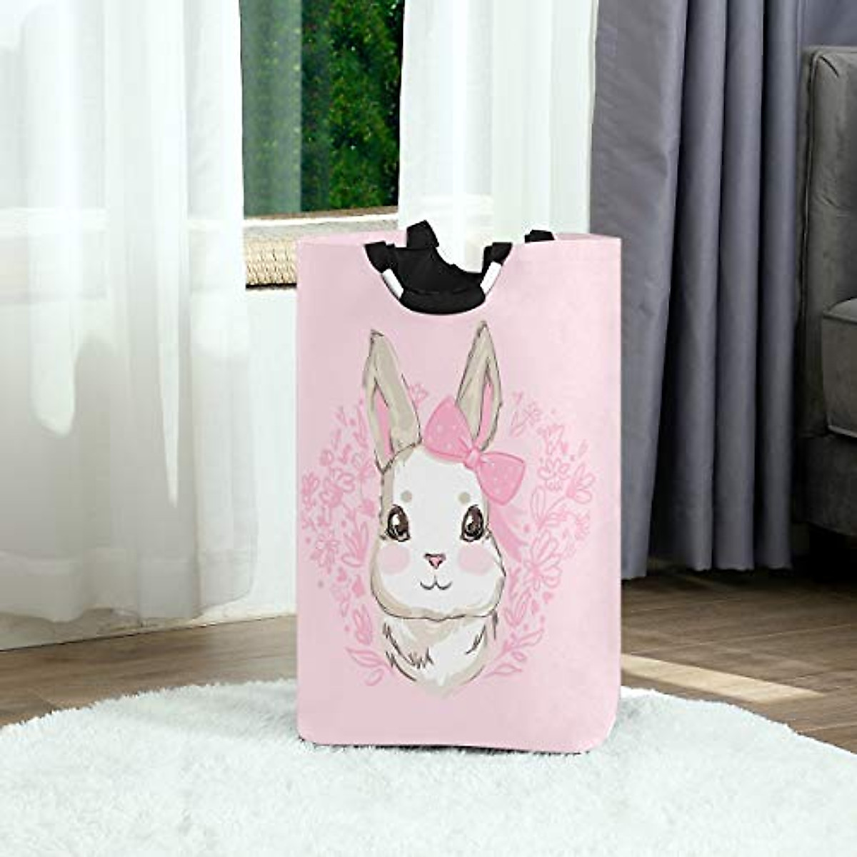 AGONA Cute Bunny Rabbit Laundry Basket with Handles Large Storage Bin Collapsible Fabric Laundry Hamper Foldable Laundry Bag for Kids Room Toy Bins Gift Baskets Bedroom Baby Nursery