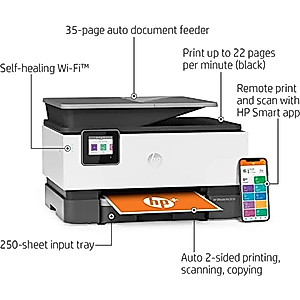 HP OfficeJet Pro 9018e All-in-One Wireless Color Inkjet Printer - Print Scan Copy Fax - 22 ppm, 4800 x 1200 dpi, 512MB Memory, 35-Sheet ADF, Auto 2-Sided Printing, Ethernet (Renewed)