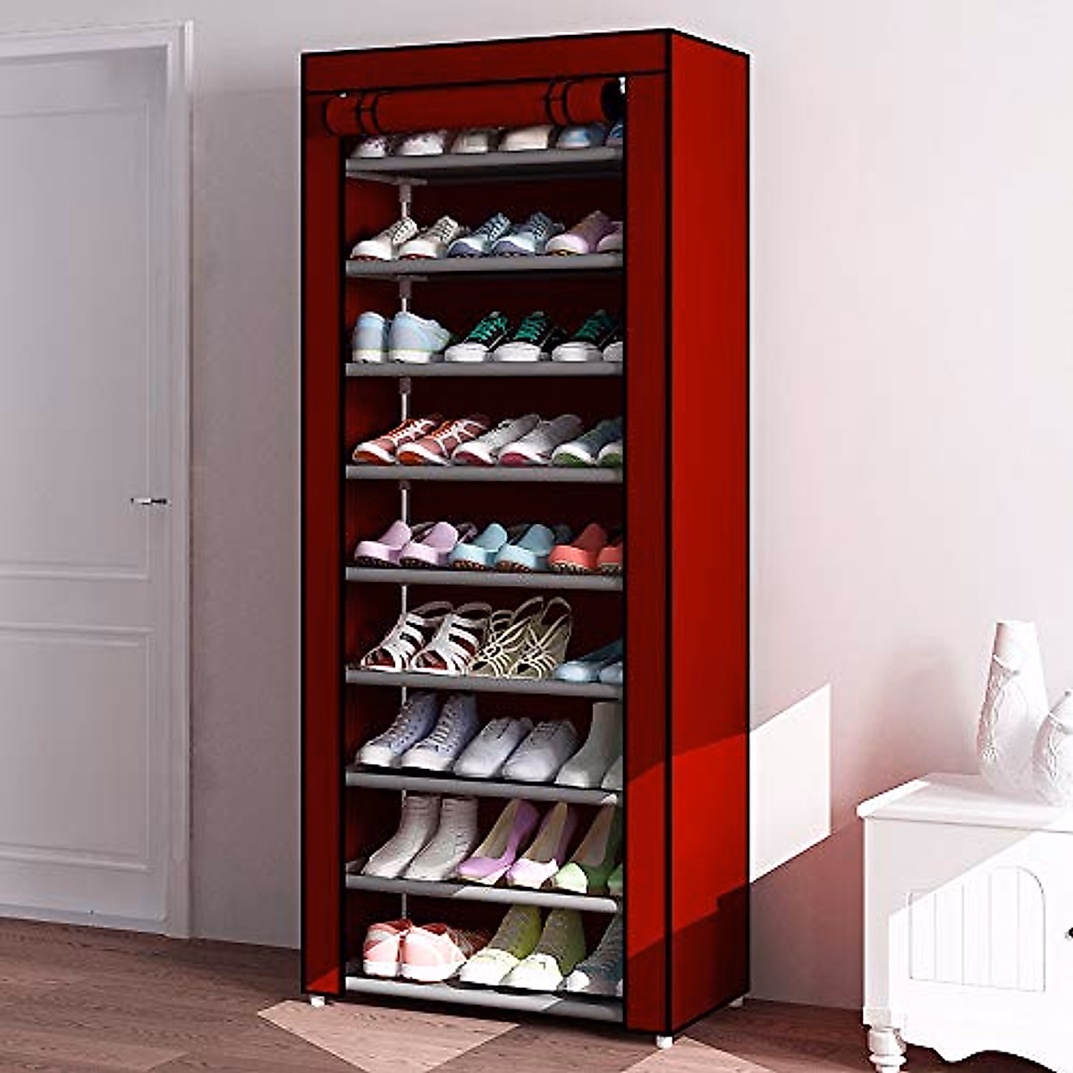 samanoya 10 Tiers Shoe Rack,Large Shoe Storage Organizer Cabinet Tower with Dustproof Cover,Space Saving Non-woven Fabric Stackable Storage Shelf Shoe Rack (Red)