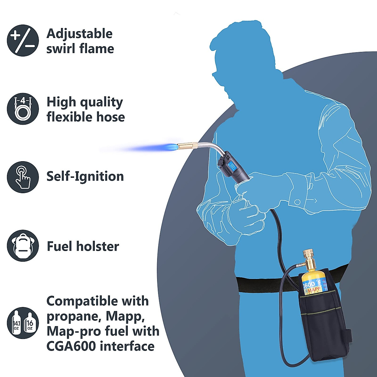 TAUSOM Propane Torch, Mapp Gas Torch with Included Holster, Trigger Start Hose Torch, Map Gas Torch Kit Adjustment Knob, Brazing Torch Kit, Soldering Welding Torch