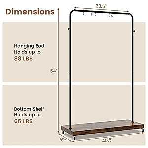 Tangkula Clothes Rack on Wheels, Industrial Pipe Style Rolling Garment Rack with Bottom Storage Shelf & 5 Hanging Hooks, Clothes Organizer with Sturdy Metal Frame for Bedroom Laundry Room