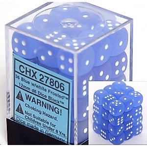 Chessex Dice d6 Sets: Frosted Blue with White - 12mm Six Sided Die (36) Block of Dice