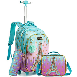 Meetbelify Rolling Backpack for Girls Rolling Backpacks with Wheels Trolley Trip Luggage for Elementary Student with Lunch Box