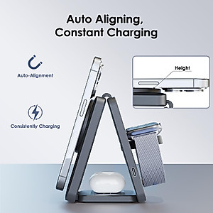 KIXUNY 3 in 1 Wireless Charging Station for Magsafe Charger Stand, Wireless Charger 3 in 1, Foldable Travel Charger 3 in 1 for iPhone15/14/13/12 and Apple Watch/AirPods/(Adapter Included)