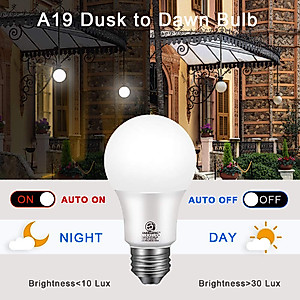 Energetic 4-Pack Dusk to Dawn LED Outdoor Light Bulb, 60 Watt Equivalent(6W), 800LM, Daylight 5000K, E26 Base, Automatic On/Off Sensor Light Bulb for Porch, Hallway, Garage, UL Listed