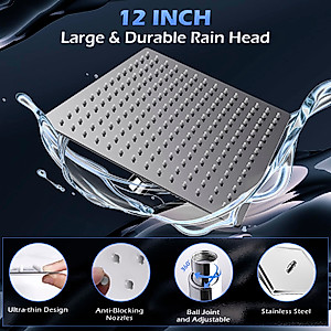 XaGai Modern 12-Inch Rain Shower Head with Handheld Spray, 11-Inch Extension Arm, 6 Settings, Anti-Leak, Built-in Power Wash, Height/Angle Adjustable, Chrome