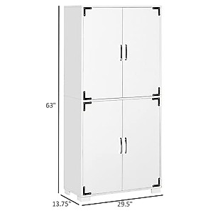 HOMCOM Industrial Kitchen Pantry Cabinet with 4 Doors and Storage Shelves, Freestanding Storage Cabinet, White