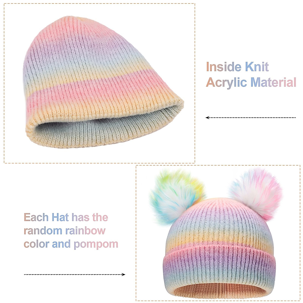 ACTLATI Kids Winter Knitted Beanie Hat Colorful Pompom Ears Ski Hat for Boy Girl(Ages 7-12)