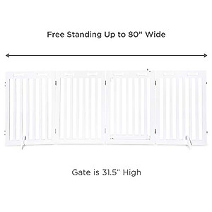 Arf Pets Freestanding Dog Gate with Door, 4 Panel 360° configurable Wooden White Fence, 80" Wide, 31.5" Tall, Foldable, Set of Foot Supporters Included, for The House - Indoor Use