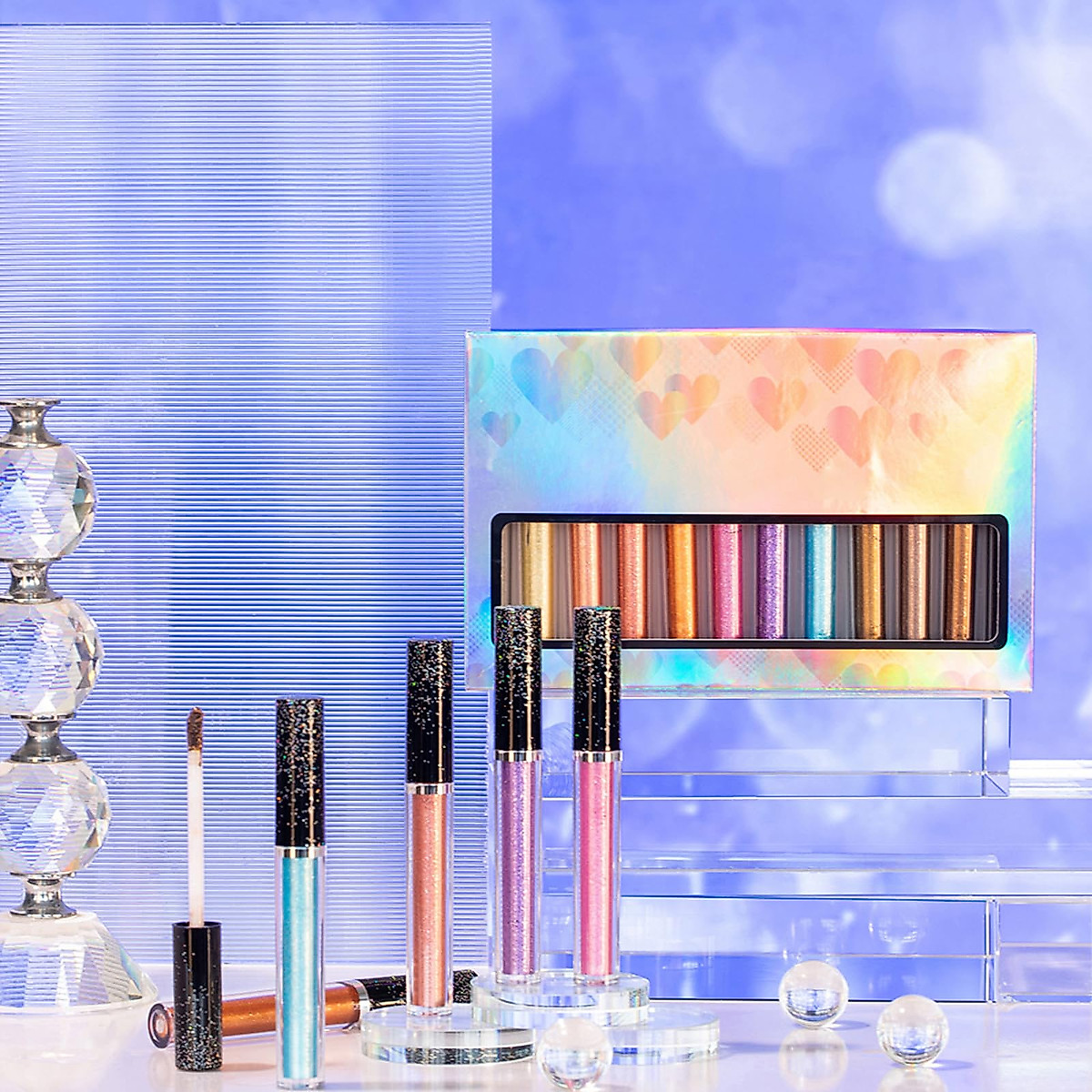 12 Colors Liquid Glitter Eyeshadow Set, Shimmer Sparkling Eyeshadow -Waterproof Long Lasting Quick-Drying Eyeshadow Metallic Pigment Primer Base Makeup Kits