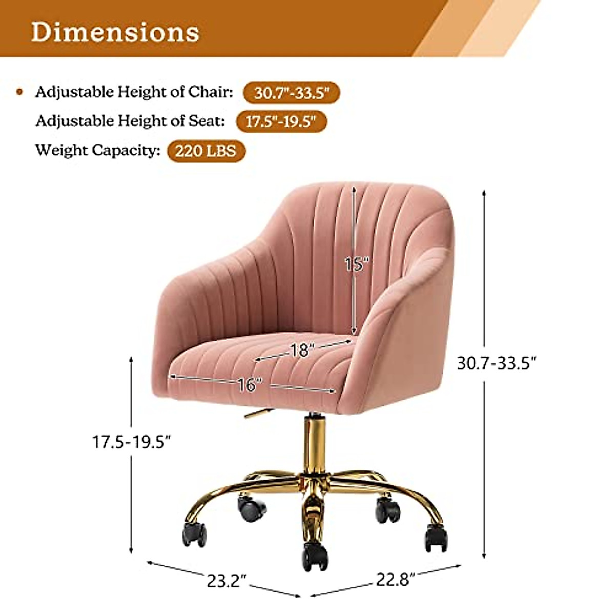 HULALA HOME Velvet Home Office Desk Chair, Modern Cute Computer Task Chair, Wheels Swivel Height Adjustable Upholstered Vanity Chair for Women, Girls (Gold Base, Pink)