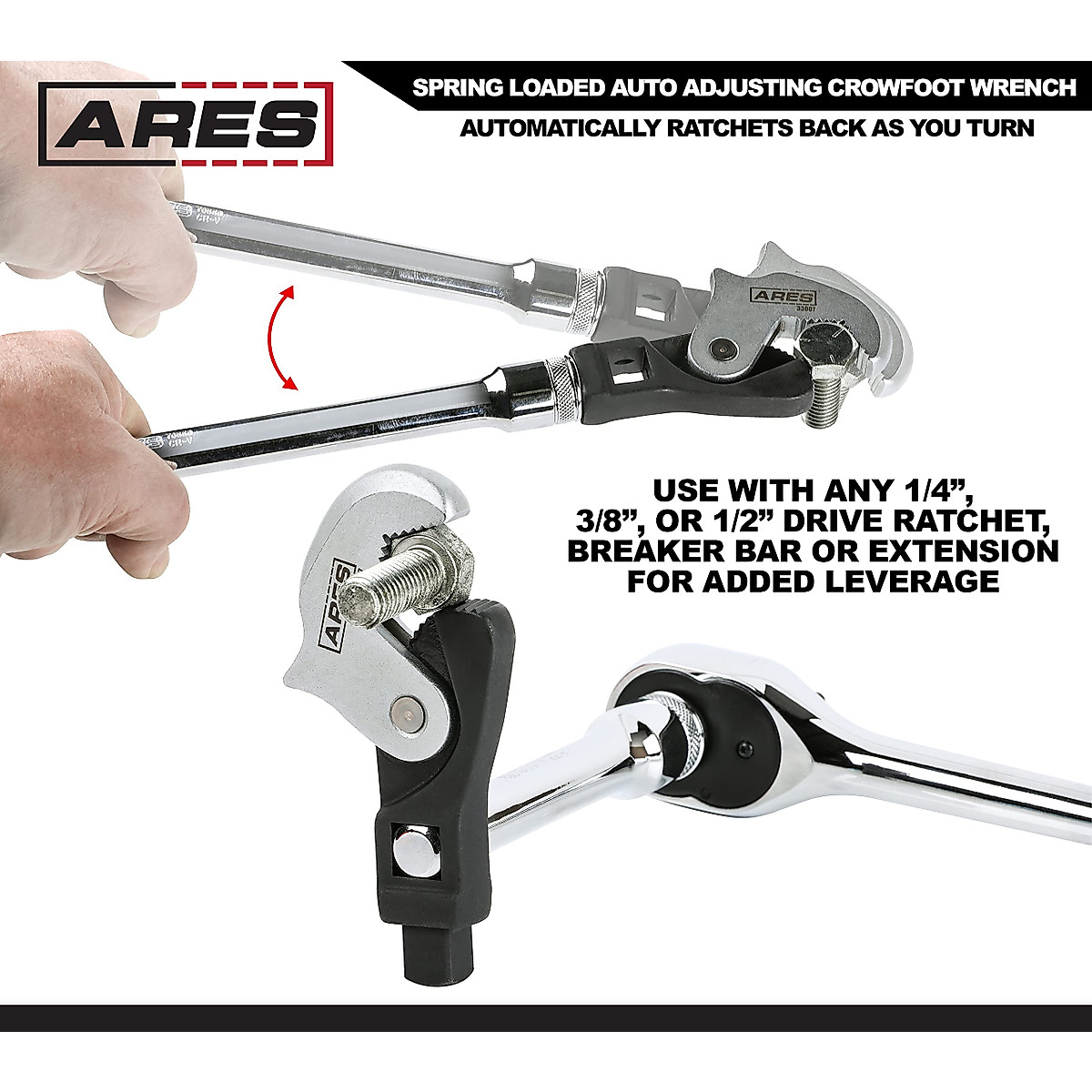 ARES 33009 – 3-Piece Auto Adjusting Crowfoot Wrench Set – Spring Loaded Adjustable Wrench Set with 5 to 32mm (3/16-Inch to 1 1/4-Inch) Coverage – Male & Female Square Drives