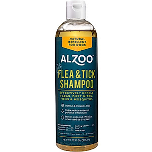 ALZOO Flea and Tick Repellent Shampoo for Dogs, Effectively Repels Fleas, Ticks & Mosquitos, 100% Plant-Based Active Ingredients, Sulfate & Paraben-Free, 12 Fl. Oz.