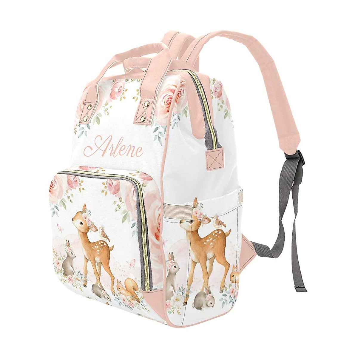 Yeshop Deer Bunny Floral Pink Woodland Multi-Function Personalized Diaper Bag Backpack Tote with Name,Custom Travel Nappy Mommy for Baby Girl Boy Gift, 10.83 inches * 6.69 inches* 15