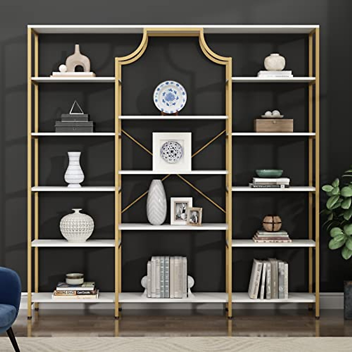 Loomie Triple Wide Bookshelf, 70.87" W/H Large Tall Etagere Bookcase, Modern 13-Open Shelves Geometric Bookshelf, Display Storage Metal Book Case, for Bedroom, Home Office & Living Room, Gold & White