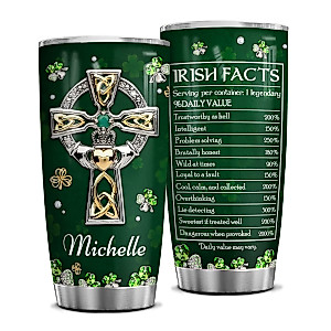 Wassmin Personalized St Patricks Day Tumbler Irish Fact Celtic Cross Jewelry Drawing Stainless Steel Tumbler 20 Oz 30 Oz with Lid Travel Mug Saint Paddy's Day Gifts for Irish Women Men Family Friends